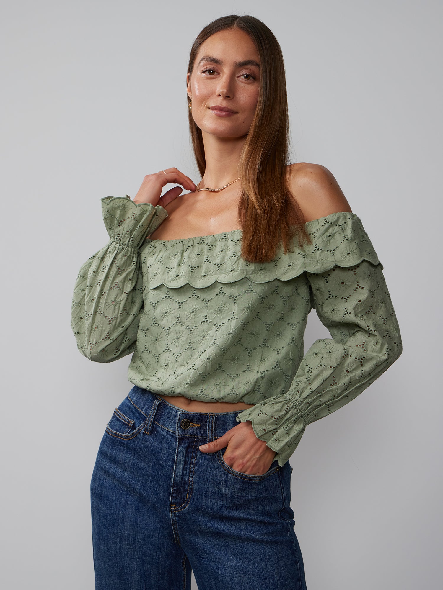 Off-The-Shoulder Eyelet Flounce Blouse – New York & Company