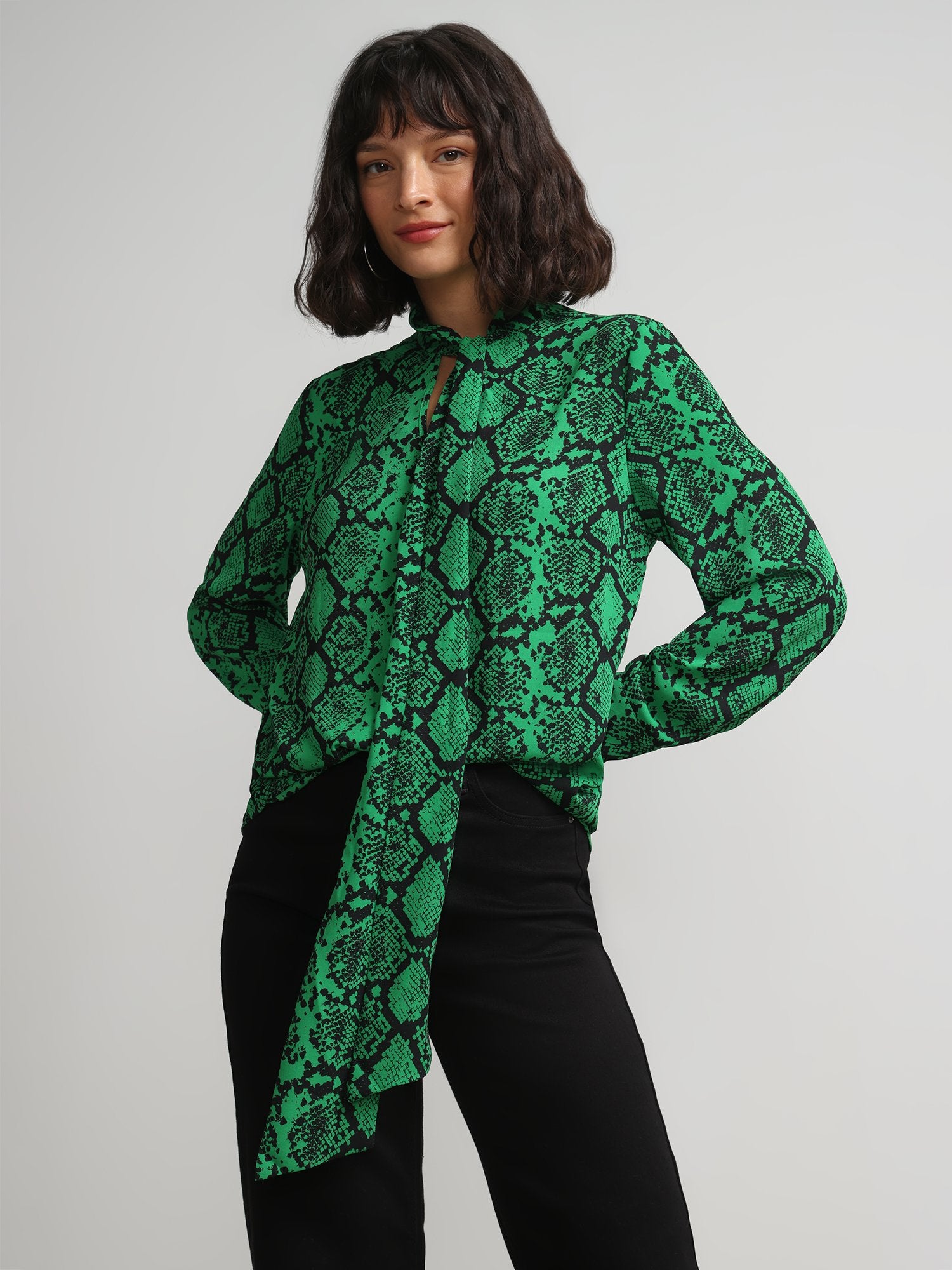 Snake-Print Tie-Front Cut-Out Satin Effect Blouse – New York & Company