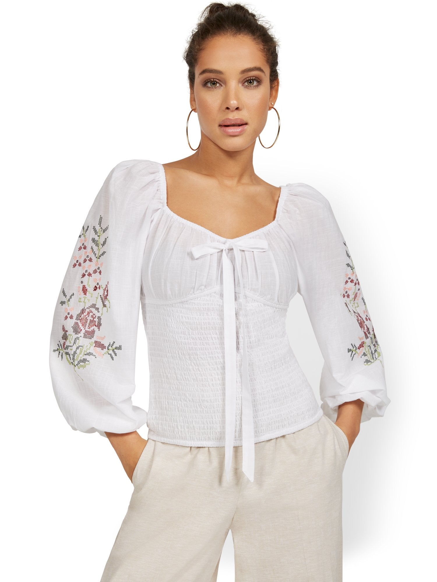 Embroidered Smocked Top – New York & Company