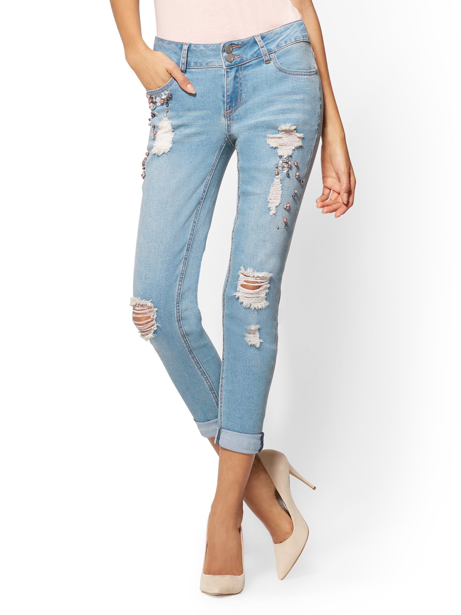 Embellished Destroyed Boyfriend Jeans - Medium Blue – New York & Company