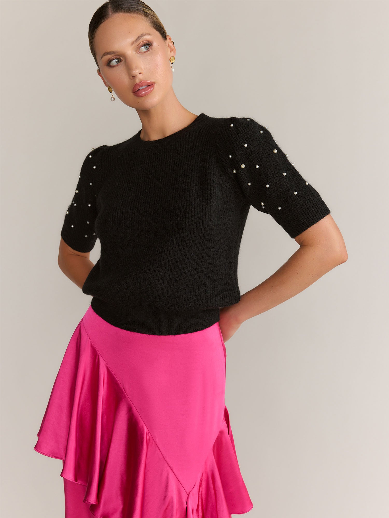 Dreamers Pearl Embellished Elbow Sleeve Ribbed Pullover - Brands We Lo ...