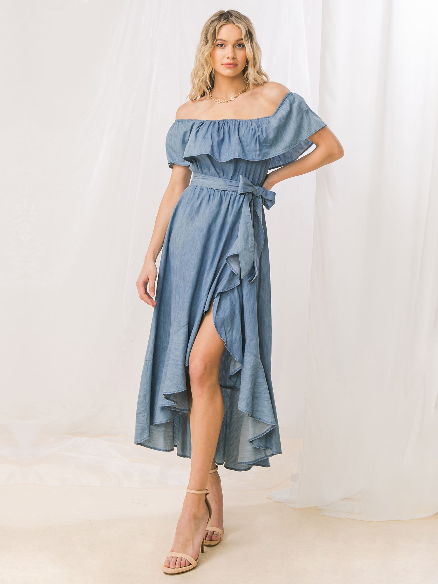 Flying Tomato Off The Shoulder Ruffle Waist-Bow Cascade Asymmetric Wra ...