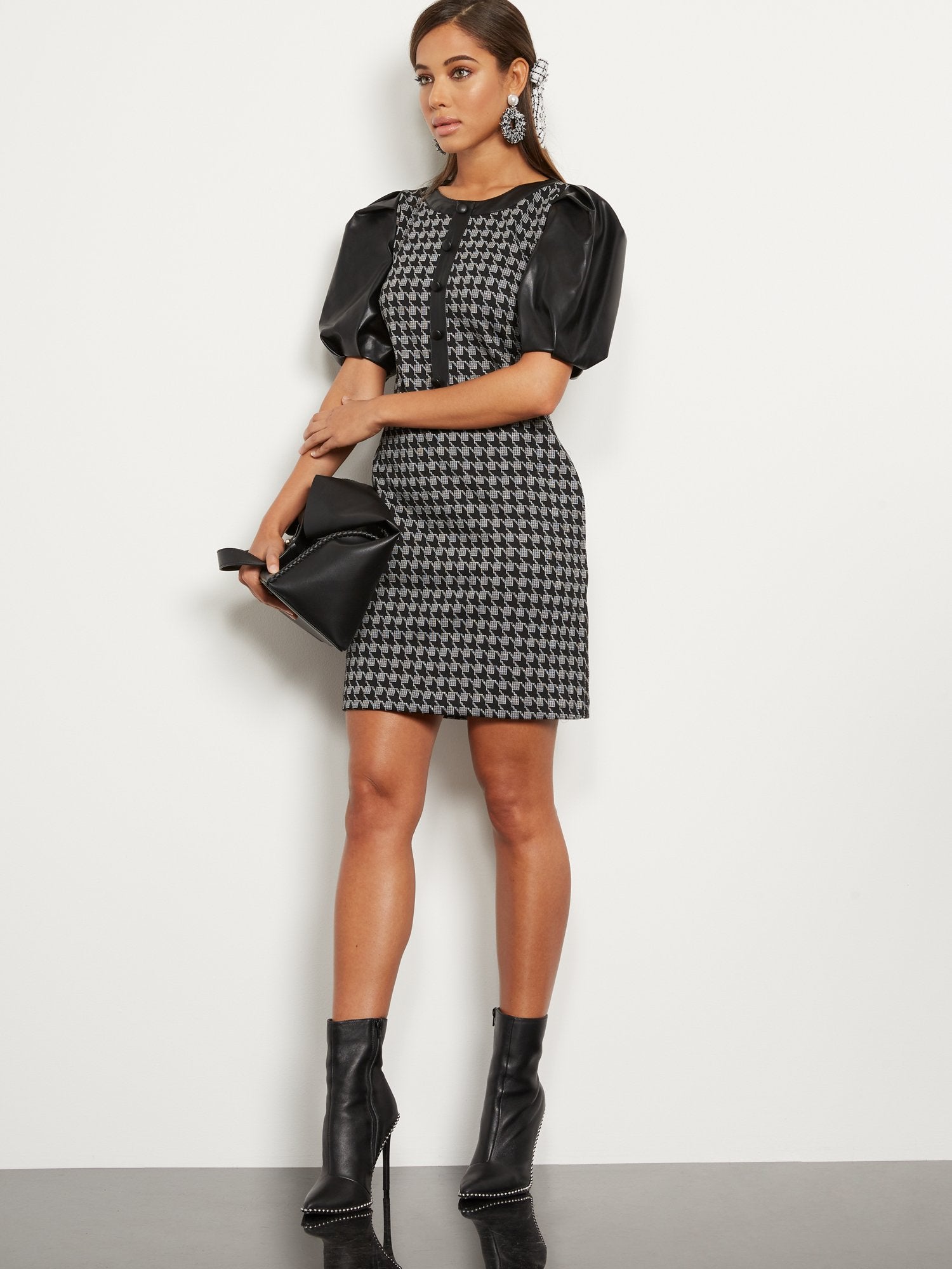 Houndstooth Faux Leather-Trim Sheath Dress – New York & Company