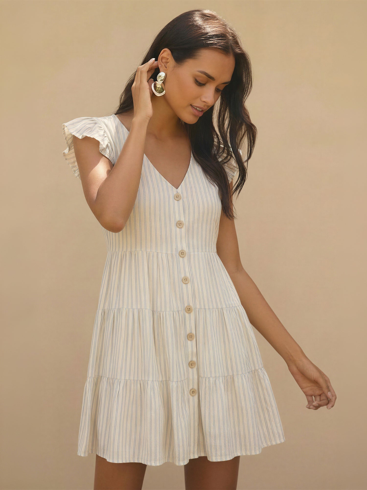 Flutter Sleeve Button Down Striped Shift Dress – New York & Company